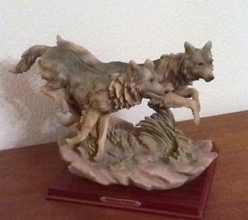 Wolf Figurine - Wolf Pair Running on Wooden Base (Montefiori Collection ...