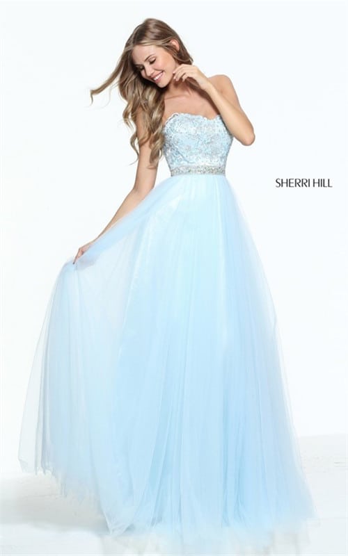 Beading Sherri Hill 51045 Lace Strapless Light Blue Bridesmaid Dress