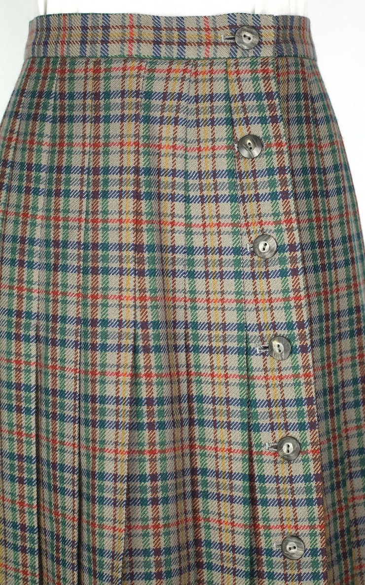 Image of 60s Vintage Jaeger Wool Pleated Taupe Plaid Side Button Long ...