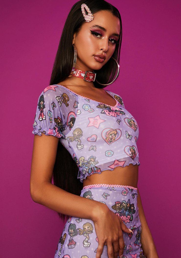 Image of Dolls Kill x Bratz Toon Print Mesh Crop Top - Purple Multi ...