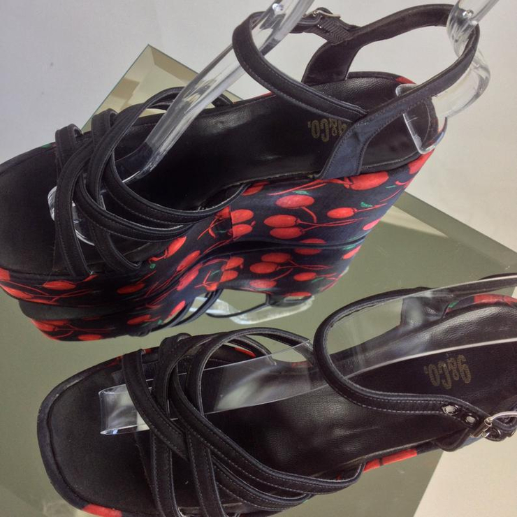 Picture of 90's Cherry Print Satin Platform Wedge High Heels // 8